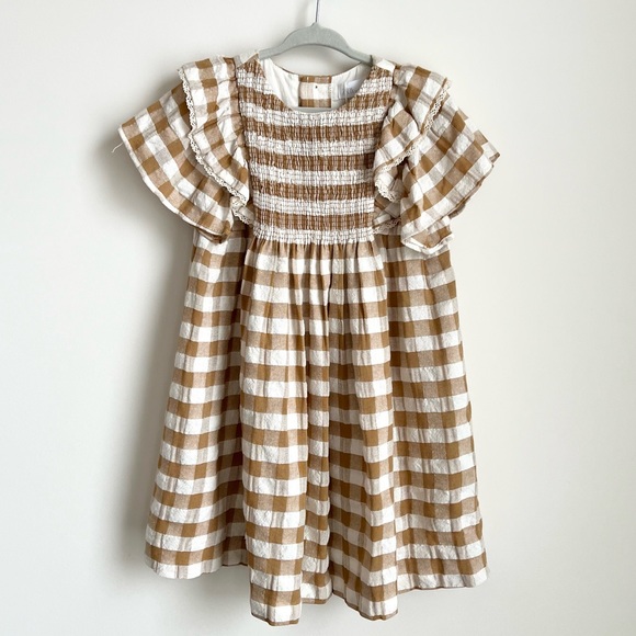 Zara | Dresses | Zara Checkered Tan Ivory Smocked Girl Dress With ...
